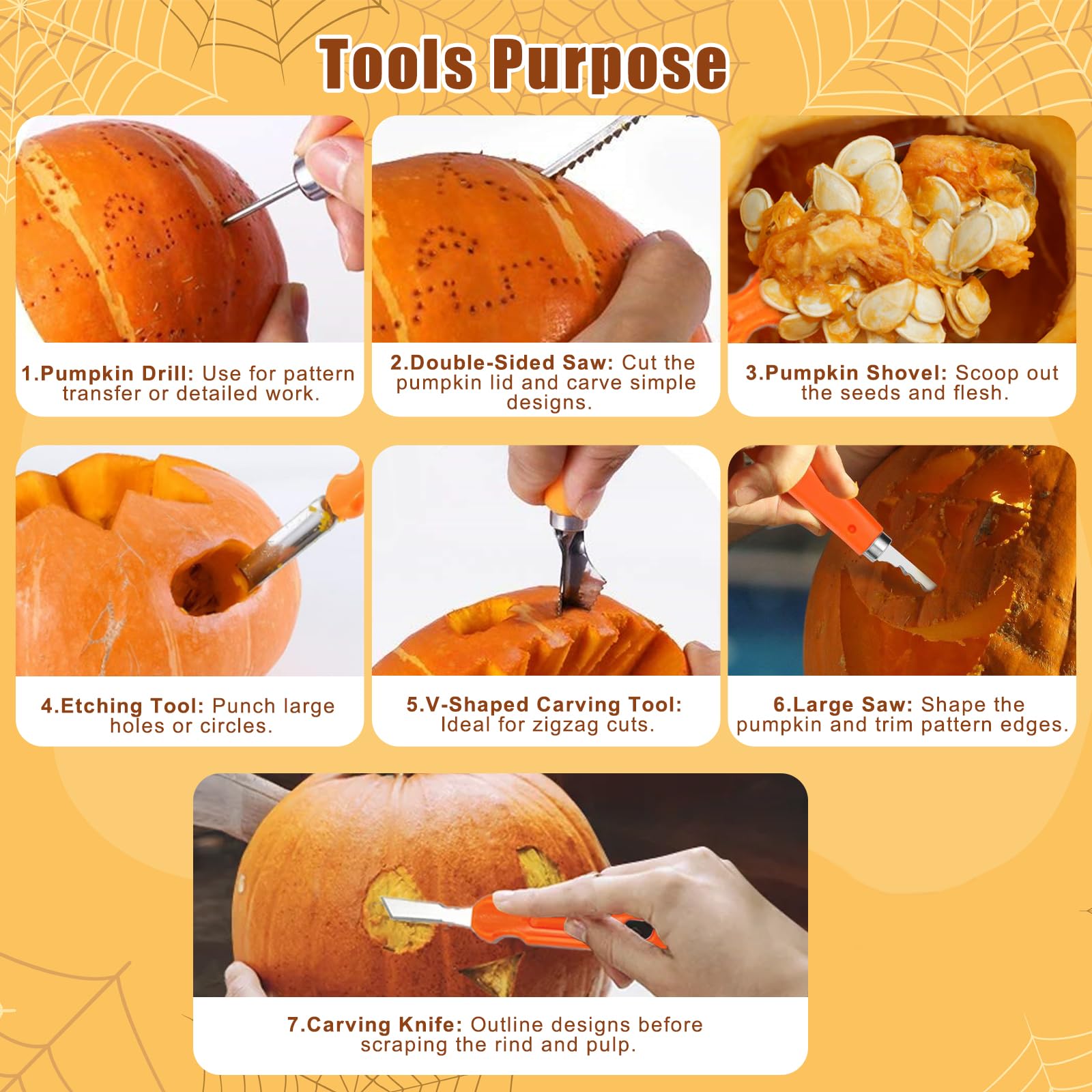 17PCS Halloween Pumpkin Carving Kit, 7PCS Heavy Duty Stainless Steel Carving Tools with 10PCS Pumpkin Carving Stencils, DIY Halloween Decoration Jack O Lantern Professional Pumpkin Carving for Adults