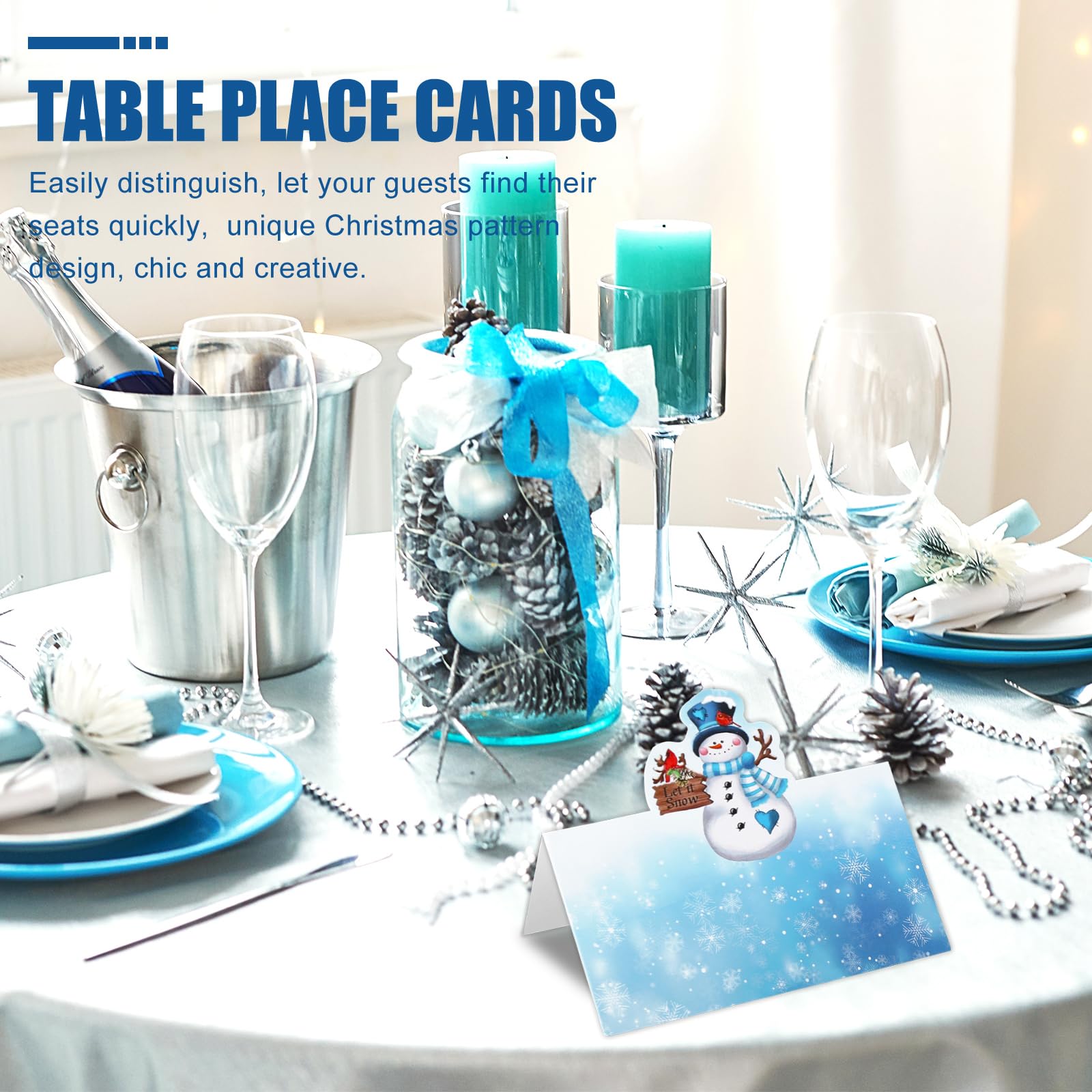 Whaline 90Pcs Christmas Place Cards 2 x 3.5 Inch Blue Purple Snowman Snowflake Tent Name Cards Blank Seat Assignment Labels for Winter Xmas Party Table Setting Supplies