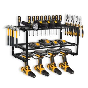 qyqrqf power tool organizer wall mount, heavy duty 3 layers tool storage rack with 4 drill holders tool shelf for work shop, garage, 150lbs load capacity