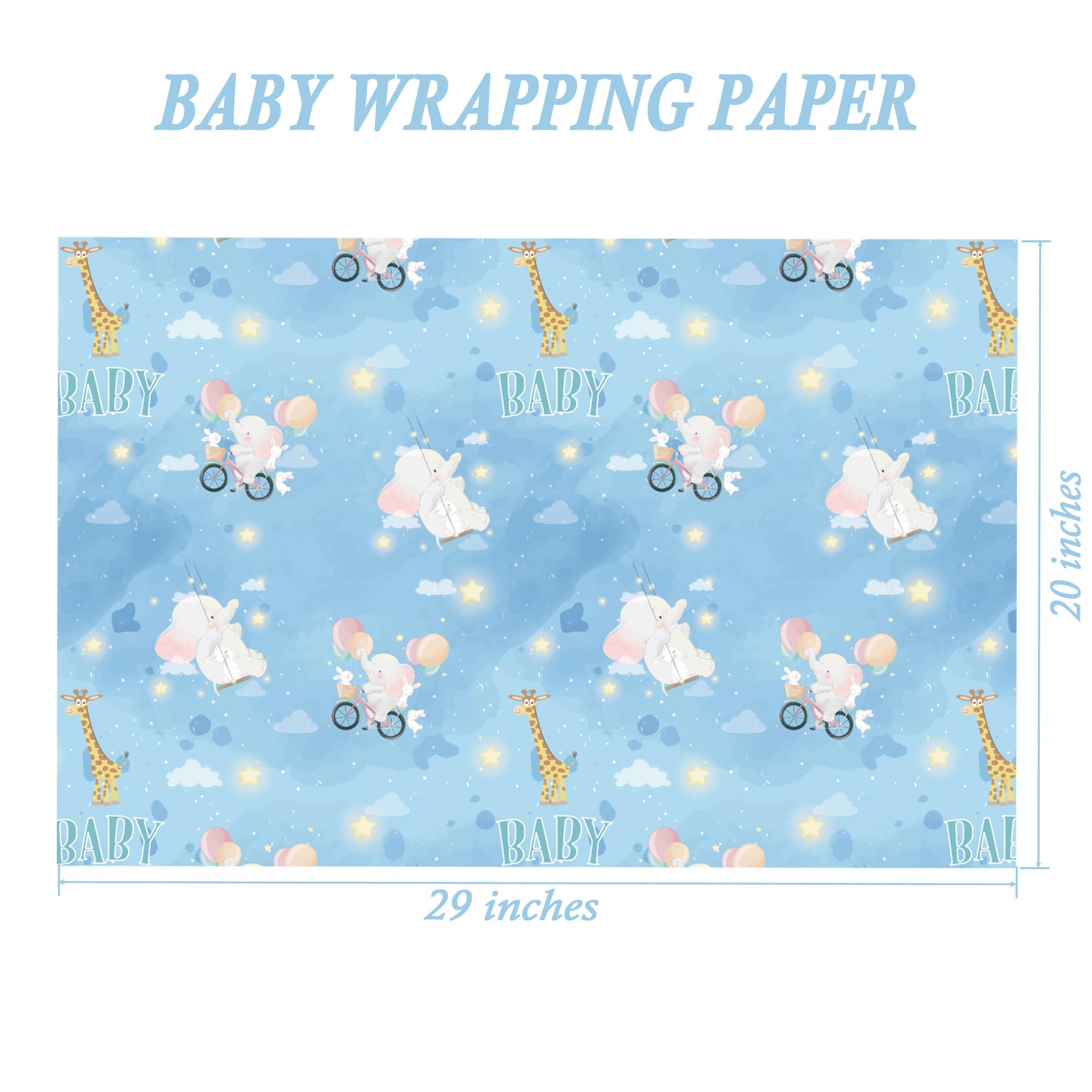 SaringSwoon Blue Baby Shower Wrapping Paper - Watercolor Gift Wrap With Funny Elephant, Giraffe, Rabbit, Baby, and Galaxy Design for Baby Shower, Birthday, Christmas - 20×29 Inches, 6 Folded Sheets