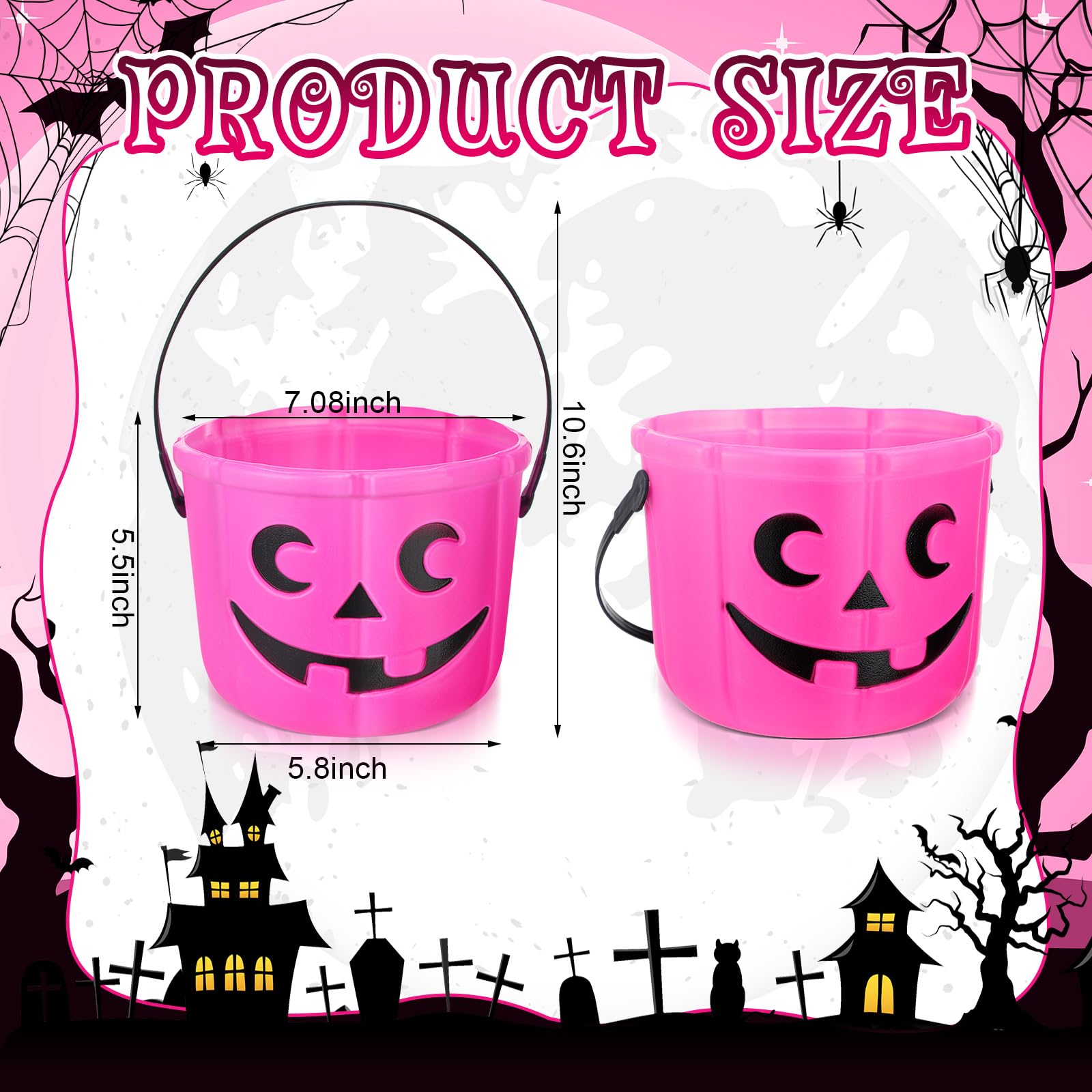 Jenaai 4 Halloween Trick or Treat Buckets Halloween Pumpkin Buckets Halloween Party Favors Pumpkin Face Candy Basket Plastic Pail Candy Bowl Holder with Handle or Party Decoration (Pink)