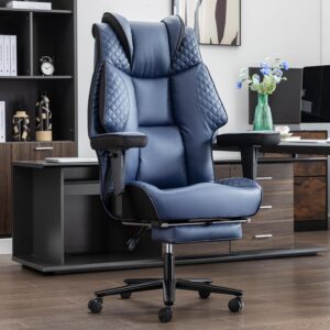 big and tall office chair 400lbs, high back leather office chair with foot rest, heavy duty executive office chair adjustable arm rest,ergonomic chair lumbar support with wheels (navy blue)