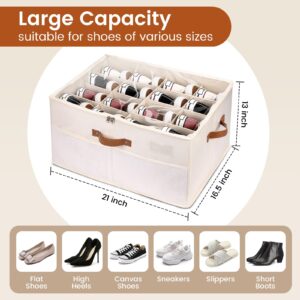 ateboane Shoe Storage Organizer for Closet,Foldable Shoe Storage Bins with Clear Cover,Large Adjustable Shoe Box Storage Containers,Fits 8-16 Pairs,Space-Saving Shoe Cube Organizer, Beige