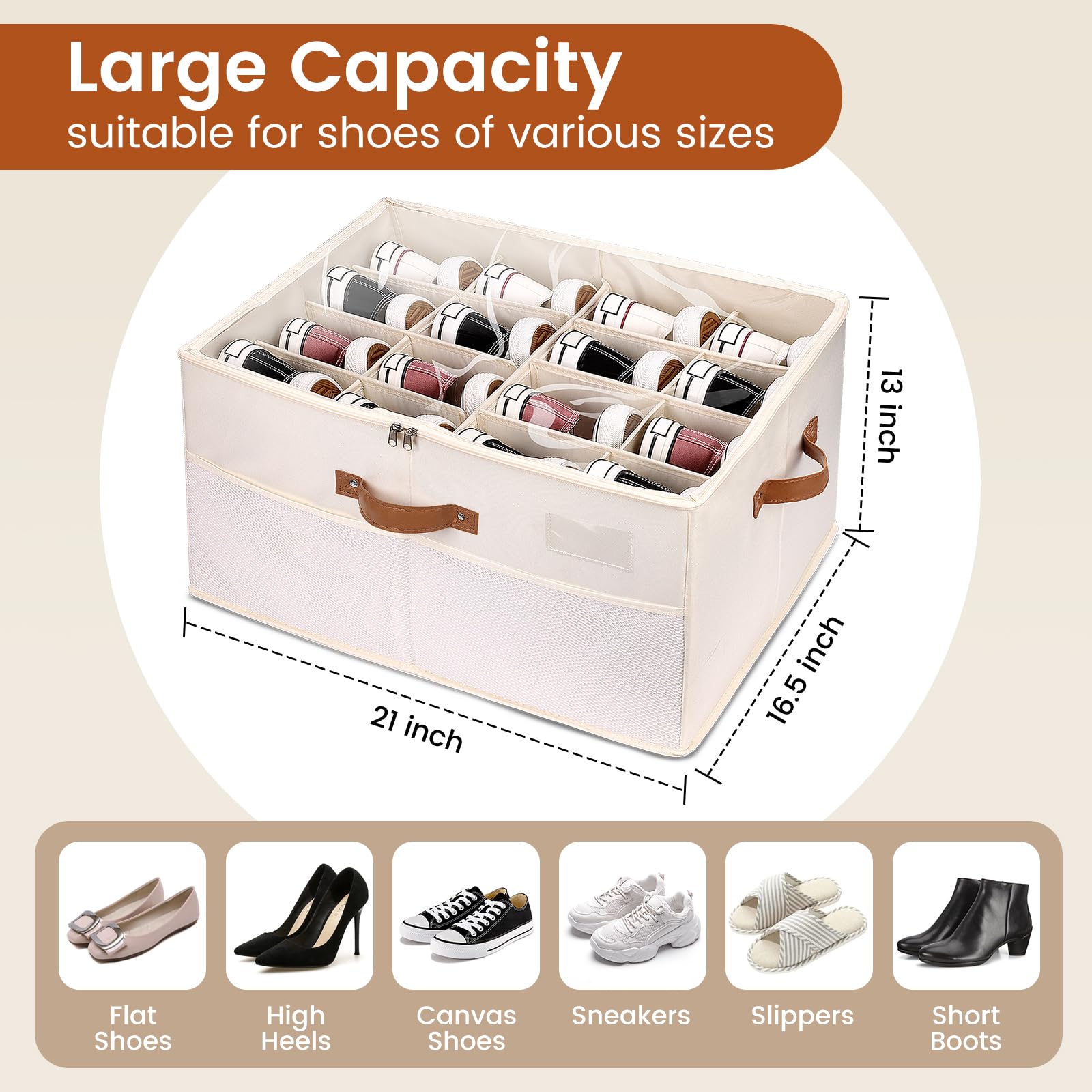 ateboane Shoe Storage Organizer for Closet,Foldable Shoe Storage Bins with Clear Cover,Large Adjustable Shoe Box Storage Containers,Fits 8-16 Pairs,Space-Saving Shoe Cube Organizer, Beige