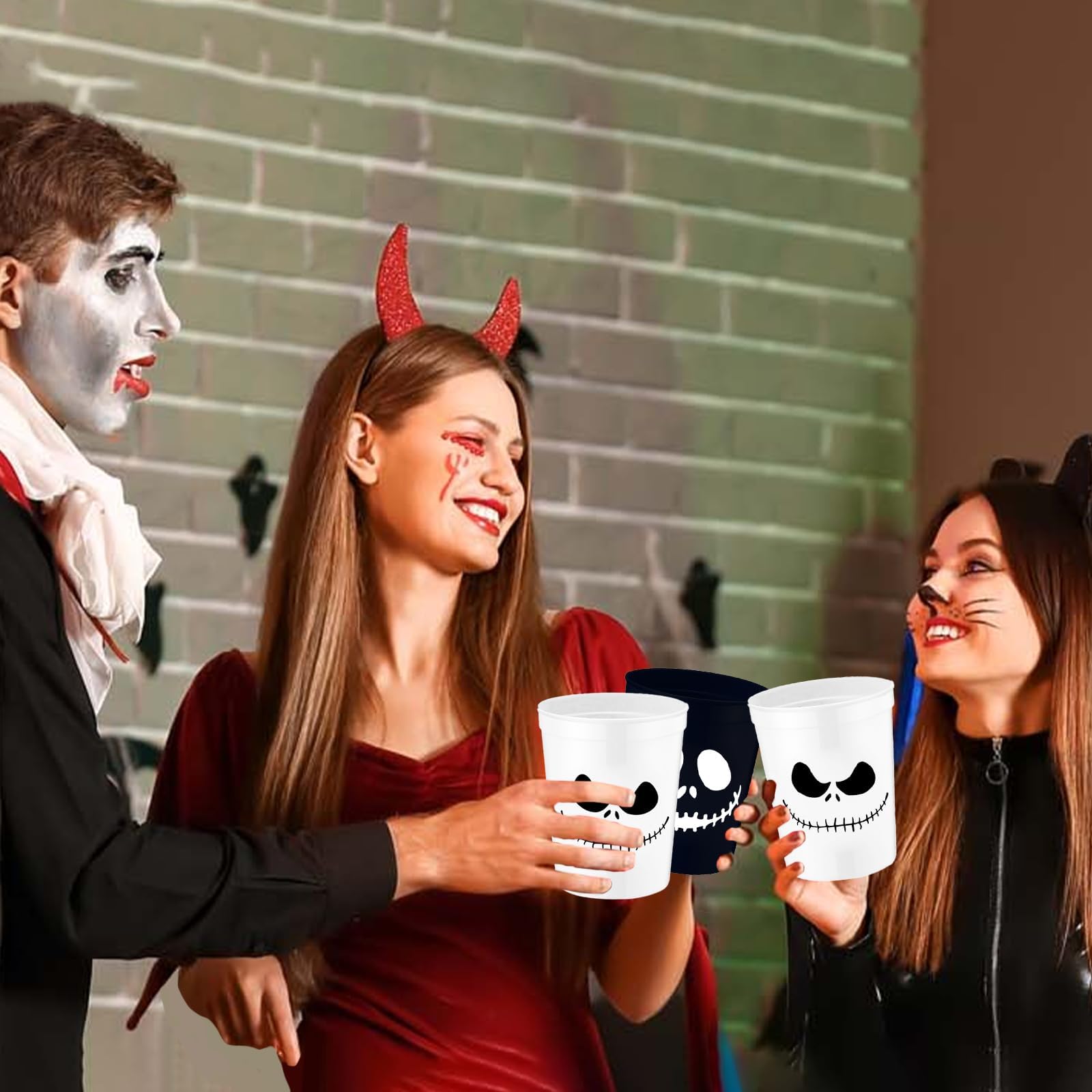 krelhia 16 PCS Christmas Nightmare Party Plastic Cups,Reusable White and Black Plastic Cups Baby Shower Camping Party Supplies for Halloween Skeleton Demon Birthday Party Decoration Supplies (16OZ)