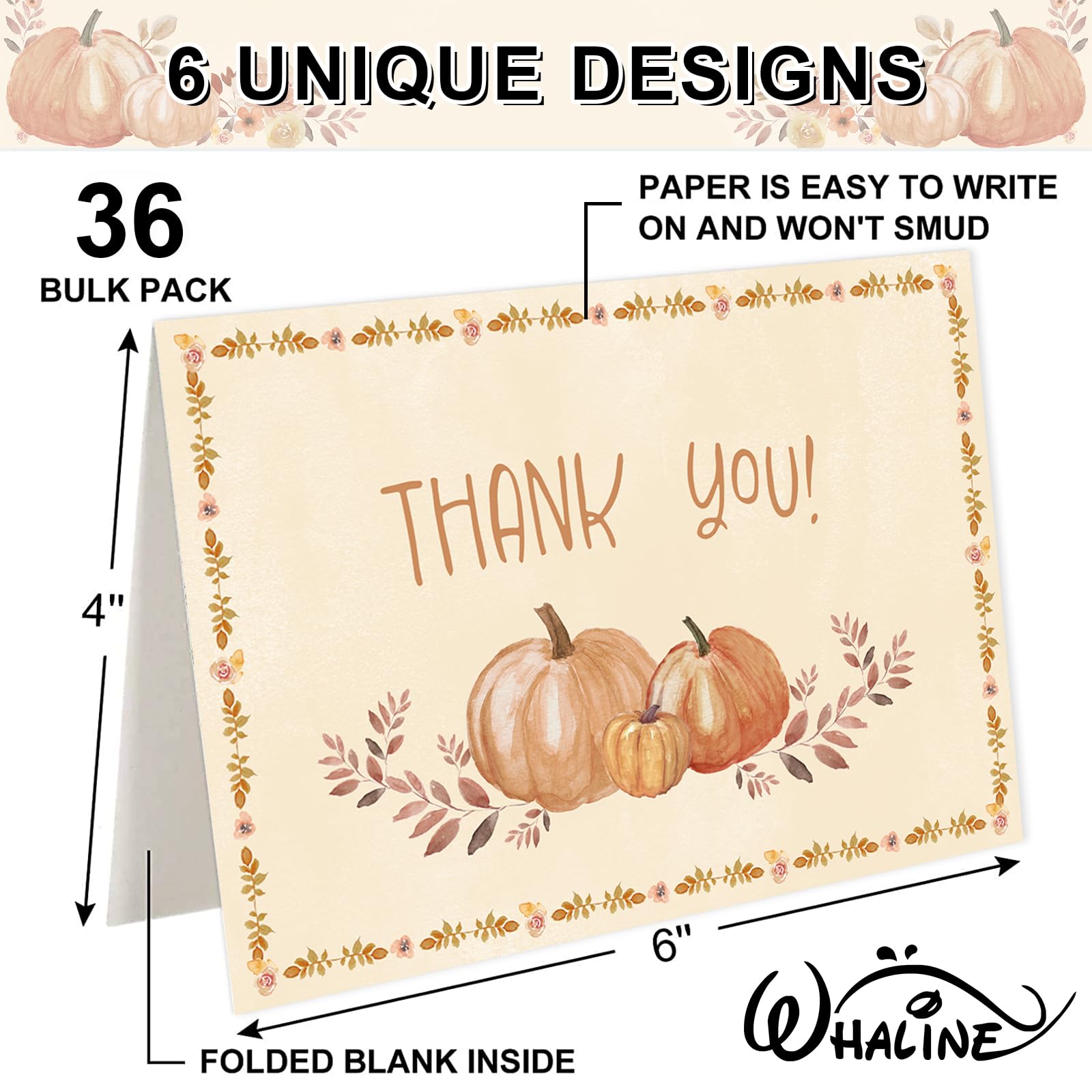 Whaline 36 Pack Fall Thank You Cards Watercolor Pumpkin Greeting Cards Blank Note Cards with Envelope & Stickers for Autumn Thanksgiving Party Supplies, 4 x 6 Inch