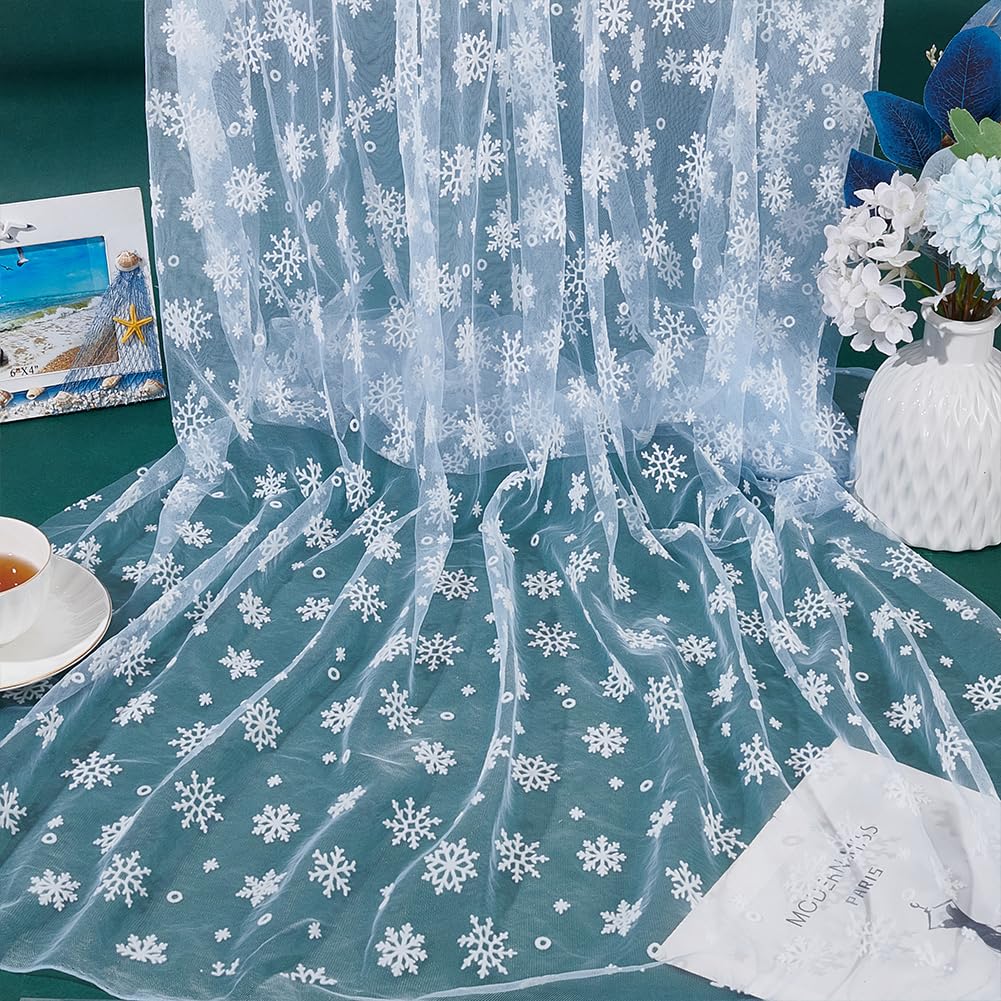 BENECREAT 1.09 Yard Snowflake Tulle Fabric, 69inch Light Blue Sheer Organza Fabric with Velvet Snowflake Pattern for Garment Accessorie, Veils Dress, Curtain Home Christmas Decorations