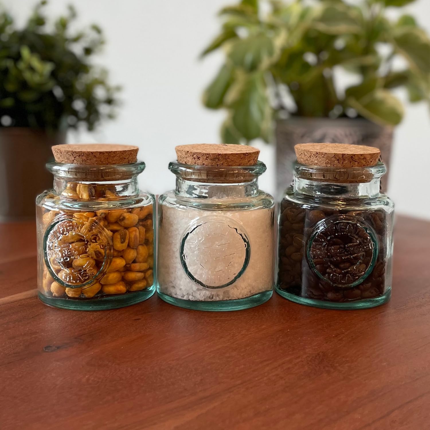 DESIGNED BY VSM, Small Apothecary Jars With Cork Lids, Made Of 100% Recycled Glass | Bathroom Decor Aesthetic, Cotton Ball Holder, Qtip Holder, Bath Salt Container, Vanity Decor, 3pack, Made in Spain.