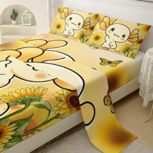 QOOMO Cartoon Axolotl Soft Microfiber Bed Sheets Sunflower Kids Sheets Set Kawaii Animal Super Soft Kids Bedding Set Breathable Room Decoration Queen Size 1 Fitted Sheet, 1 Flat Sheet, 2 Pillow Cases