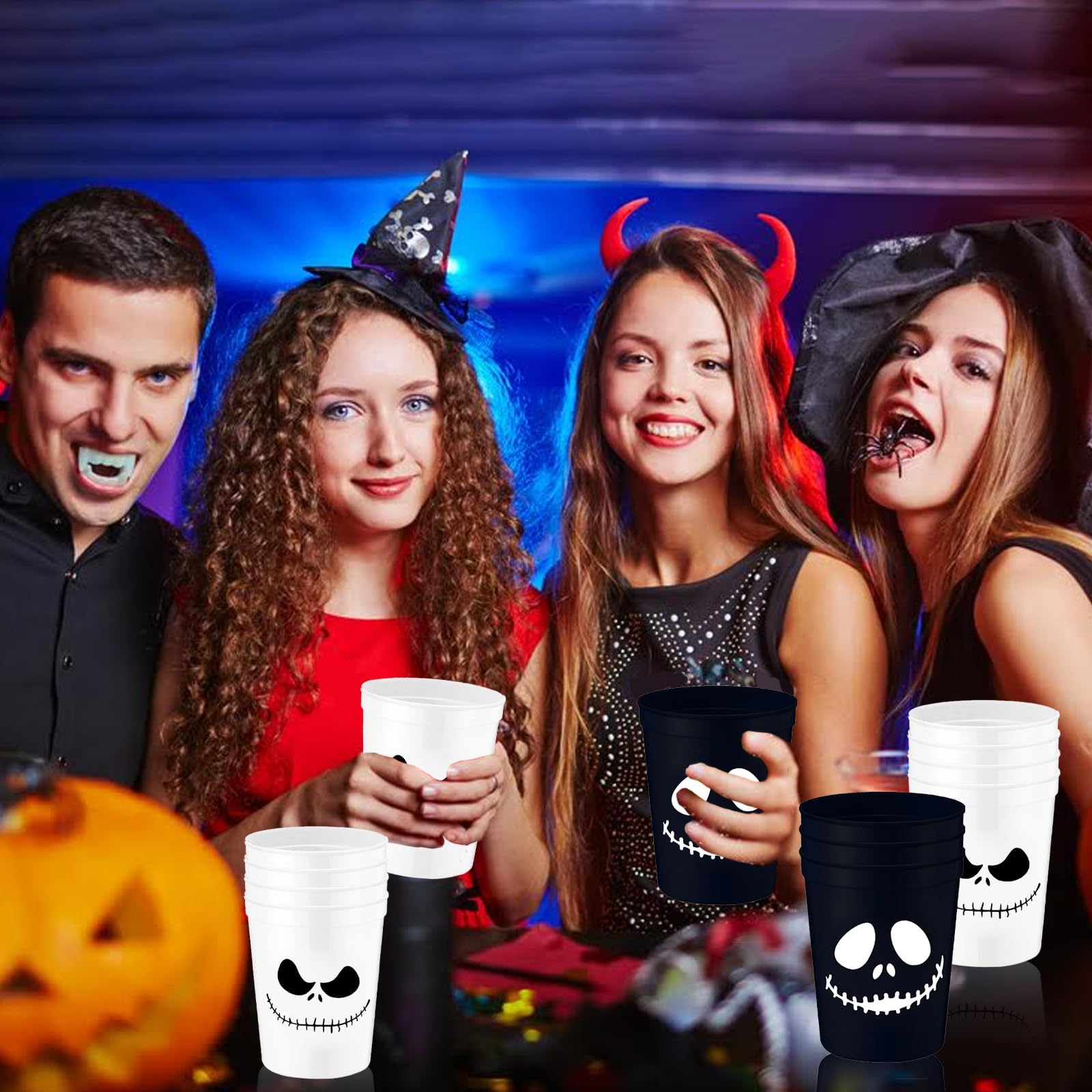 krelhia 16 PCS Christmas Nightmare Party Plastic Cups,Reusable White and Black Plastic Cups Baby Shower Camping Party Supplies for Halloween Skeleton Demon Birthday Party Decoration Supplies (16OZ)