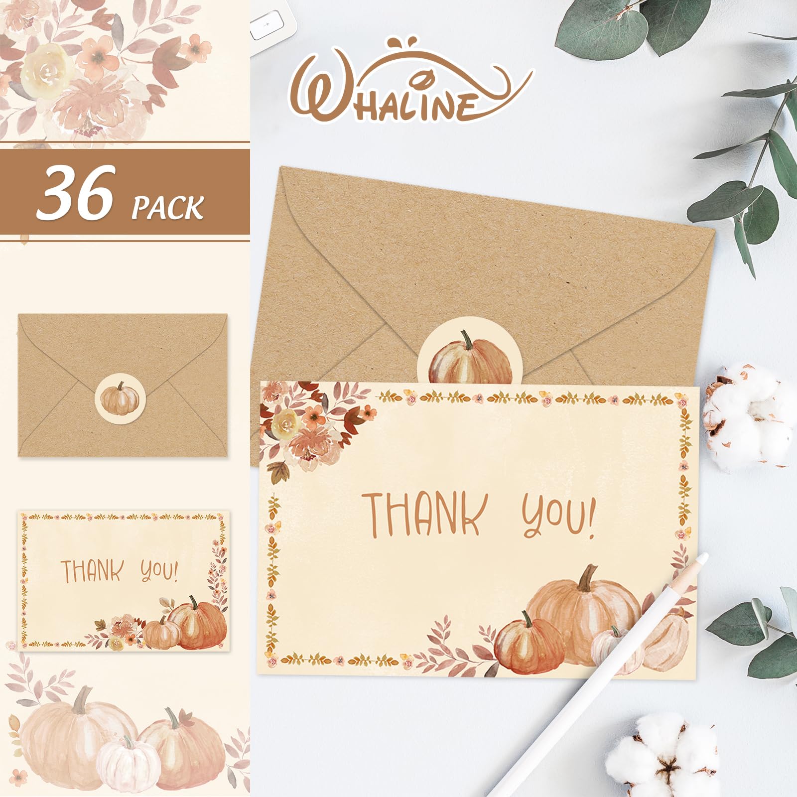 Whaline 36 Pack Fall Thank You Cards Watercolor Pumpkin Greeting Cards Blank Note Cards with Envelope & Stickers for Autumn Thanksgiving Party Supplies, 4 x 6 Inch