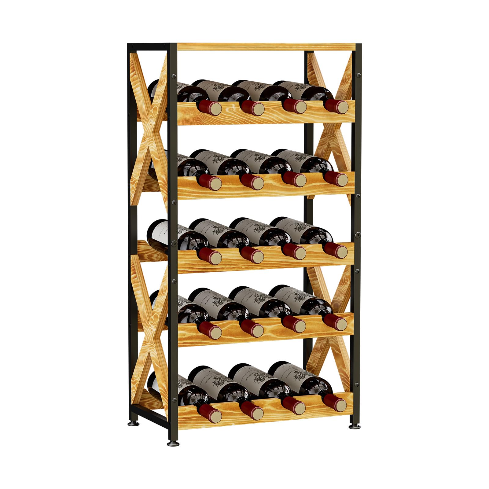 LUMAMU 20 Bottle Wine Rack Freestanding Floor with Wood Top,Wobble-Free 5 Tier Wine Display Storage Stand Shelf,Stackable Modular Wine Bottle Holder Rack for Kitchen,Cellar,Living Room