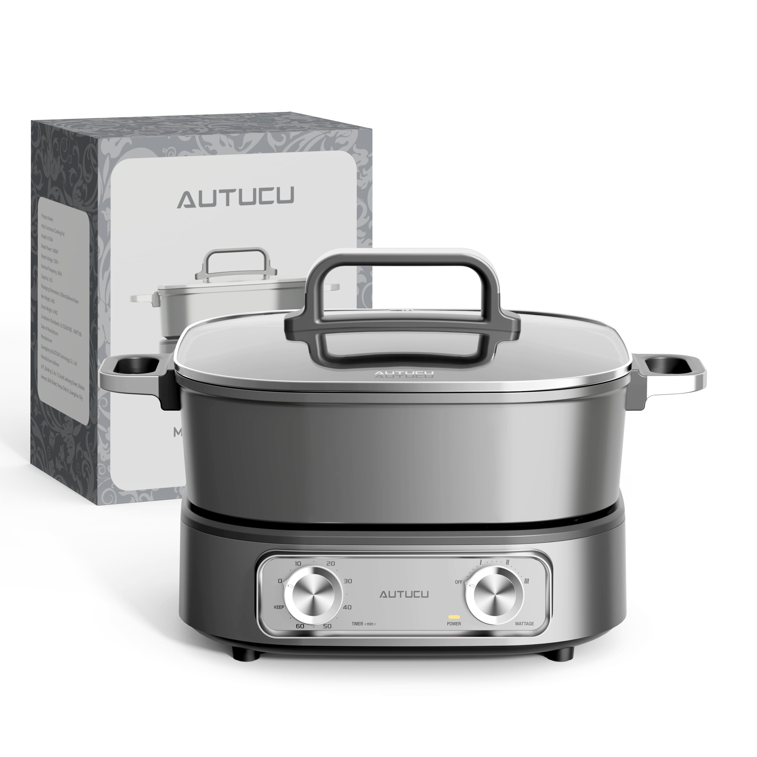 AUTUCU Hot Pot Electric 6.5 Quart | 8-in-1 Multi-Cooker with Safe Nonstick Coating, Three Level Power | Timer, up to 60 Minutes