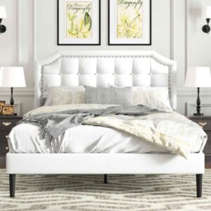 cxvx full size platform bed frame with headboard, button tufted & rivet design, no box spring needed, easy assembly, no noise, white faux leather