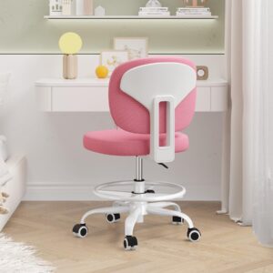 Nebuaegis Kids Desk Chair with Footrest, Swivel Height Adjustable Child Study Chair, Mesh Fabric Upholstered Office Chair with Wheels, Task Student Chair for Boy Girl in Bedroom Reading Room,Pink