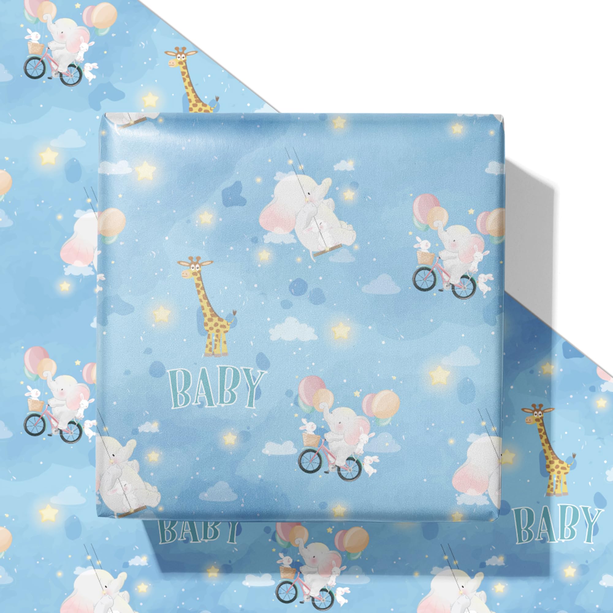 SaringSwoon Blue Baby Shower Wrapping Paper - Watercolor Gift Wrap With Funny Elephant, Giraffe, Rabbit, Baby, and Galaxy Design for Baby Shower, Birthday, Christmas - 20×29 Inches, 6 Folded Sheets