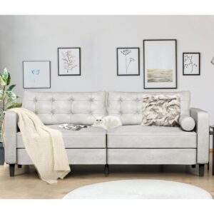 yodolla 84.2 inch faux leather sofa couch with 2 bolster, large mid century modern couch with 2 bolster pillows 3 seats sofa couch for living room, white