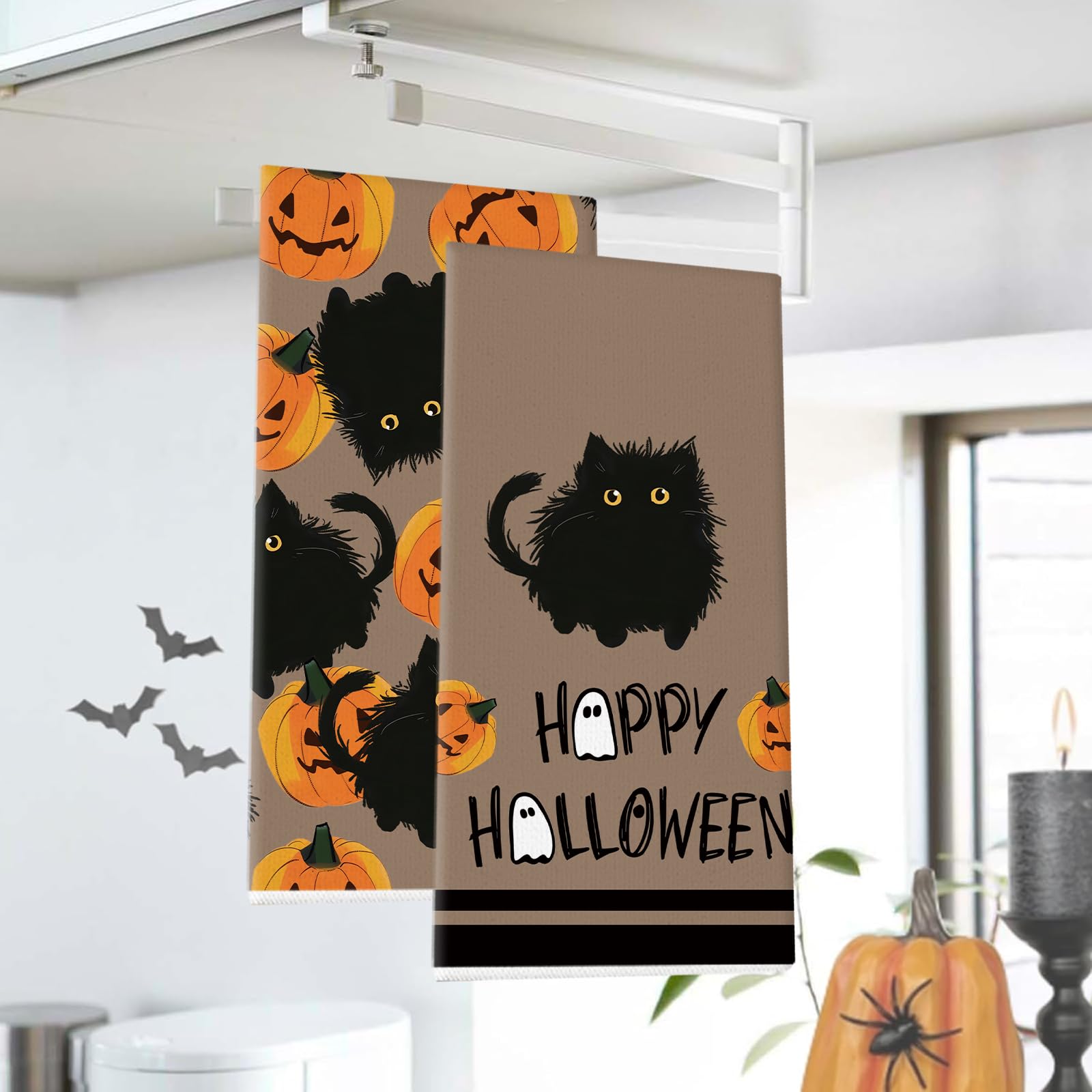 QIONG MENG Happy Halloween Kitchen Towels Set of 2 Black Cat Pumpkins Absorbent Dish Towels Hand Towel for Kitchen Decorative Cleaning Cooking 18x26 Inch