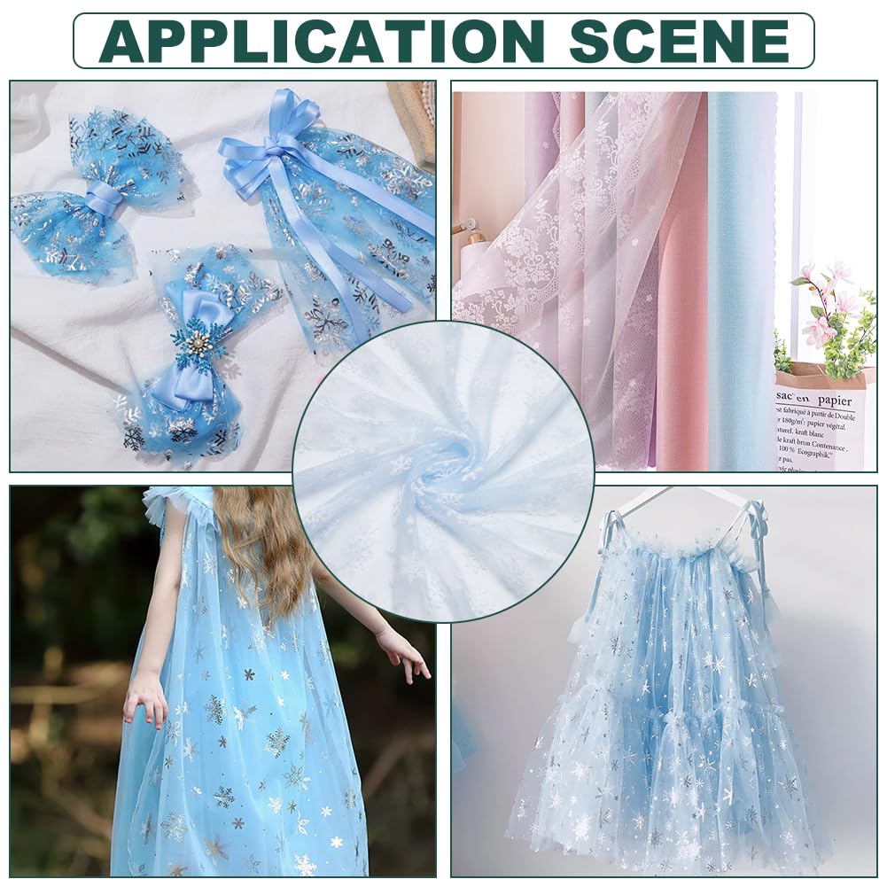 BENECREAT 1.09 Yard Snowflake Tulle Fabric, 69inch Light Blue Sheer Organza Fabric with Velvet Snowflake Pattern for Garment Accessorie, Veils Dress, Curtain Home Christmas Decorations