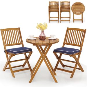 s afstar outdoor bistro table and chairs set of 2, acacia wood folding bistro table chairs set w/round coffee table & padded cushion, small bistro table set for 2 outdoor porch patio poolside (navy)