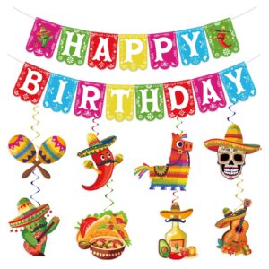 lemicin 9pcs mexican fiesta party decorations - 1 pcs happy birthday banner and 8 pcs cinco de mayo mexican hanging swirl party supplies mexican themed taco birthday party for birthday, festival