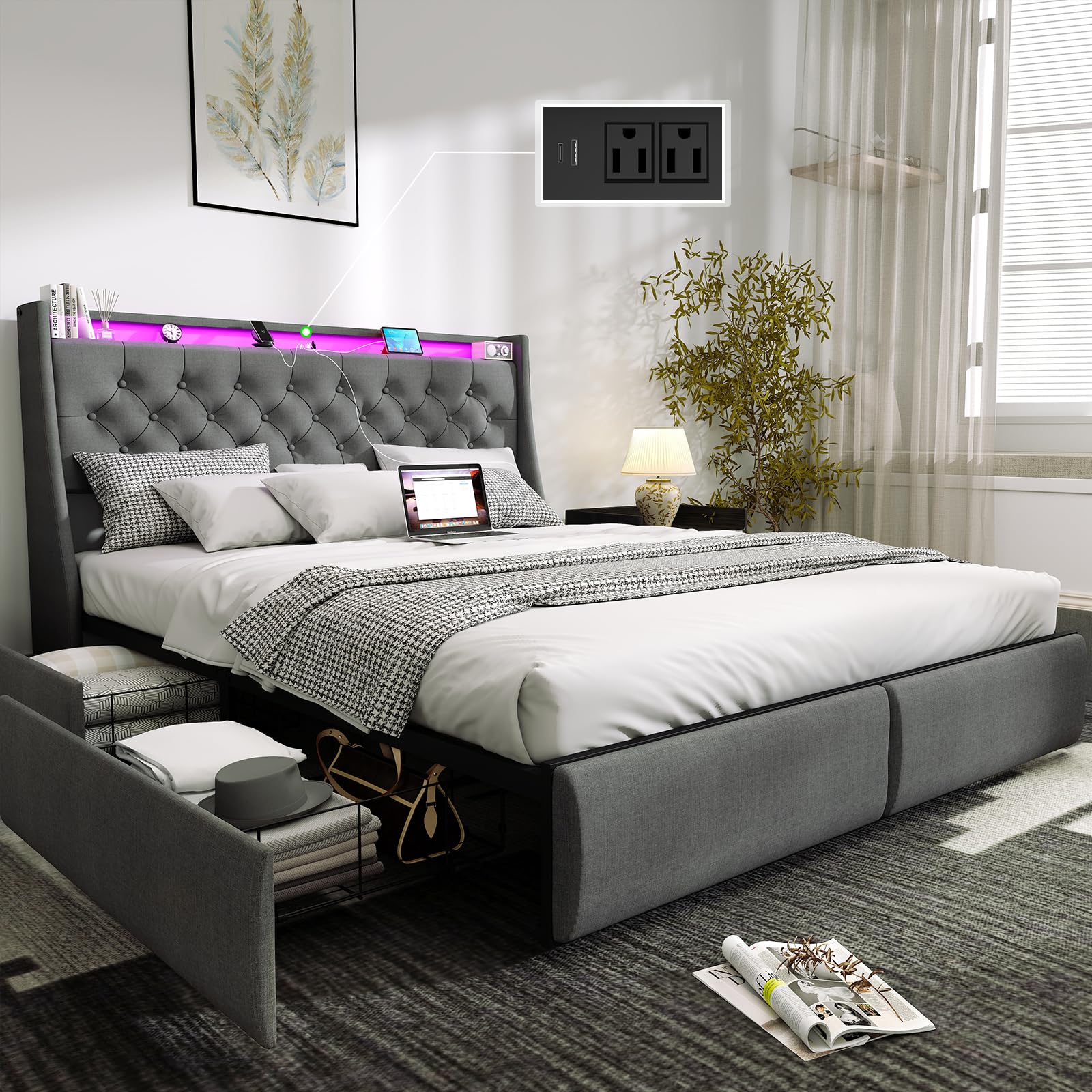 Doltoro Full Size Bed Frame with 4 Storage Drawers and Upholstered Headboard, Button Tufted Platform Bed with LED Lights and Charging Station, No Box Spring Needed, Easy Assembly, Gray