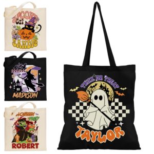 personalized halloween canvas tote bags - custom name trick or treat candy totes with pumpkin, witch, black cat, castle, skeleton, ghost, reusable 15"x16" gift bag