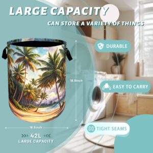 Retro Hawaii Palm Tree Laundry Basket Summer Beach Foldable Funny Laundry Hamper Oxford Cloth Tote Bag Clothes Storage Bucket Toy Organizer 18.9"x16.5" For Bathroom/Laundry Storage/Bedroom