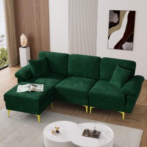 ouyessir l shaped sectional sofa couch, 3 seat velvet sofa with ottoman and pillows, upholstered comfy couch sleeper for living room, bedroom, 88 inches (green)