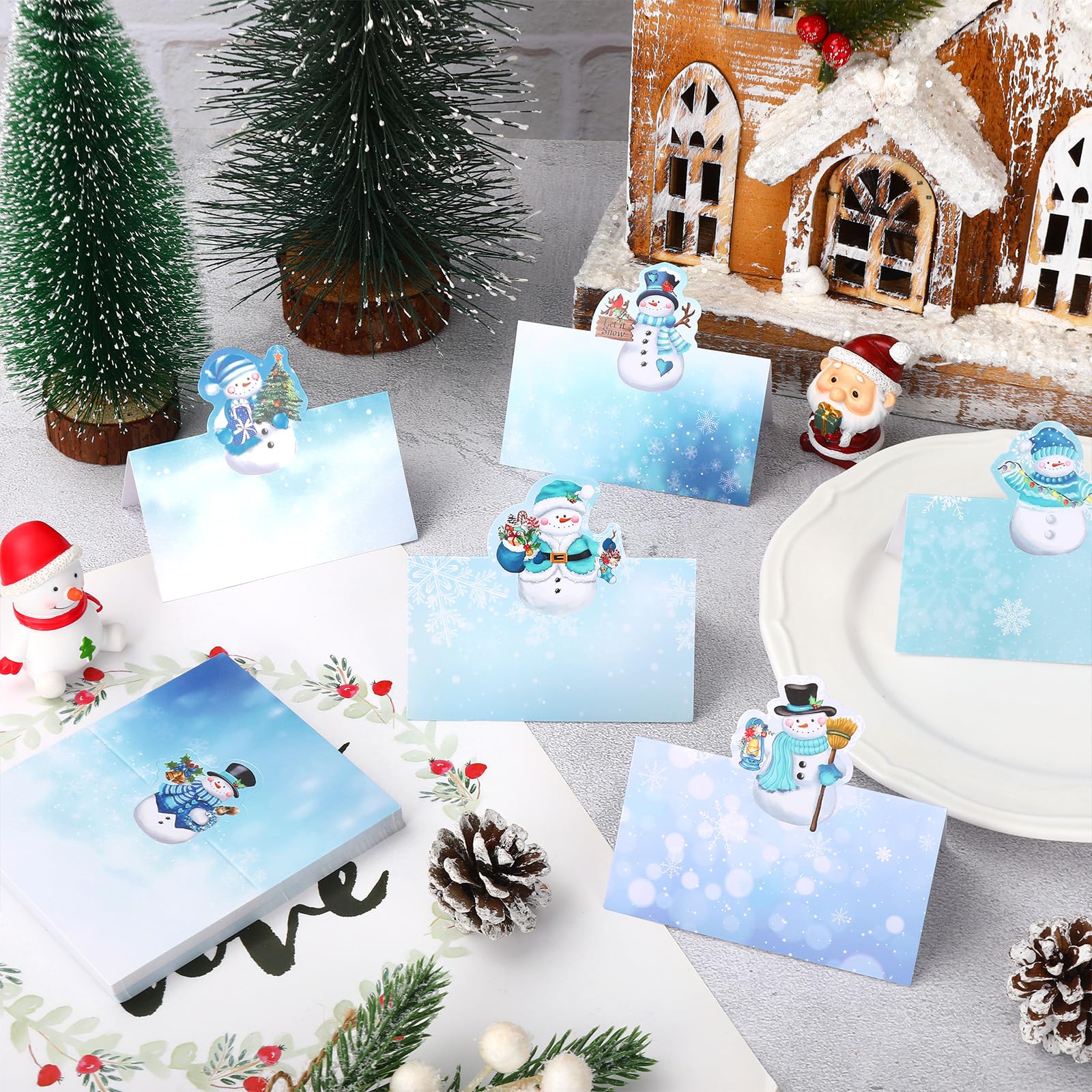 Whaline 90Pcs Christmas Place Cards 2 x 3.5 Inch Blue Purple Snowman Snowflake Tent Name Cards Blank Seat Assignment Labels for Winter Xmas Party Table Setting Supplies