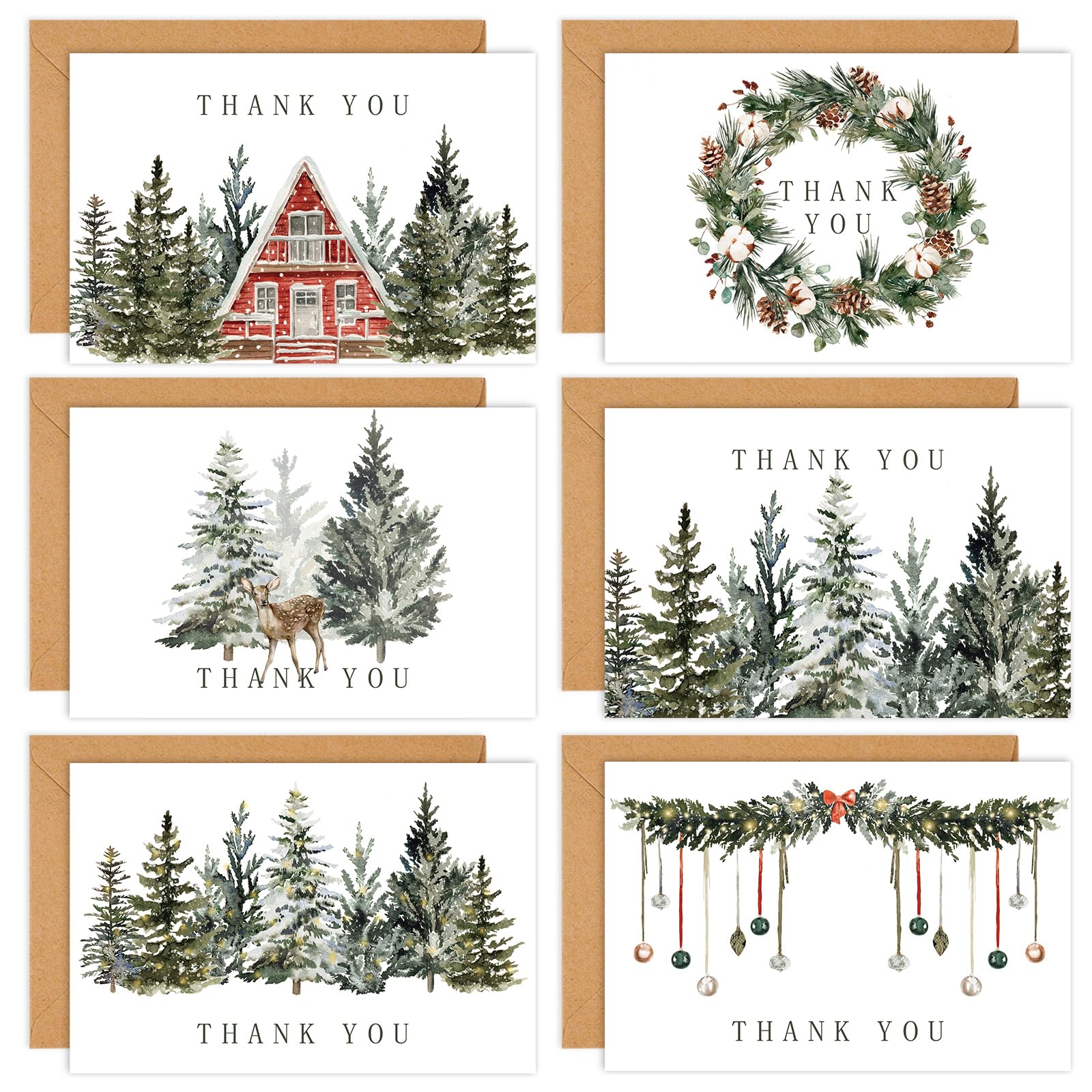 Whaline 36 Packs Christmas Thank You Cards Watercolor Xmas Pine Tree Greeting Cards Winter Forest Blank Note Cards with Envelopes and Stickers for Wedding Birthday Holiday, 4 x 6 Inch