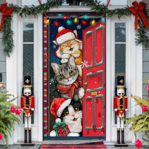 deroro christmas cat door cover decorations, xmas orange cat tabby cat tuxedo cat front door banner background, funny winter holiday indoor outdoor home decor pet lover gifts 3 x 6 ft