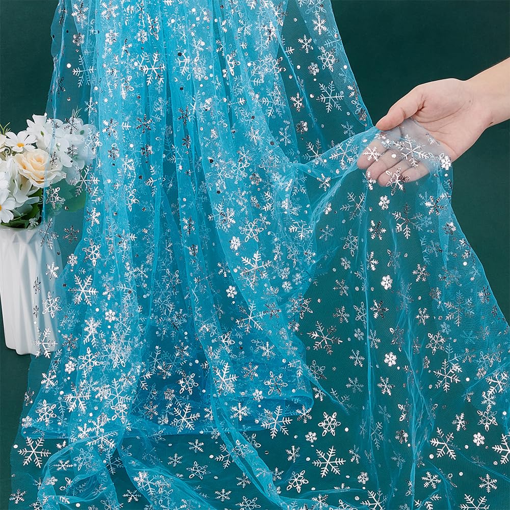 BENECREAT 1 Yard Snowflake Tulle Fabric, 63inch Blue Sheer Organza Fabric with Silver Foil Snowflake Print for Garment Accessorie, Veils Dress, Curtain Home Christmas Decorations