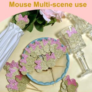 Wolpark 25Pcs Mouse Inspired Cupcake Toppers with Pink Bow Glitter Gold Mouse Cupcake Picks Happy Birthday Cake Topper with Star Mouse Birthday Decorations Party Supplies Wedding Baby Shower