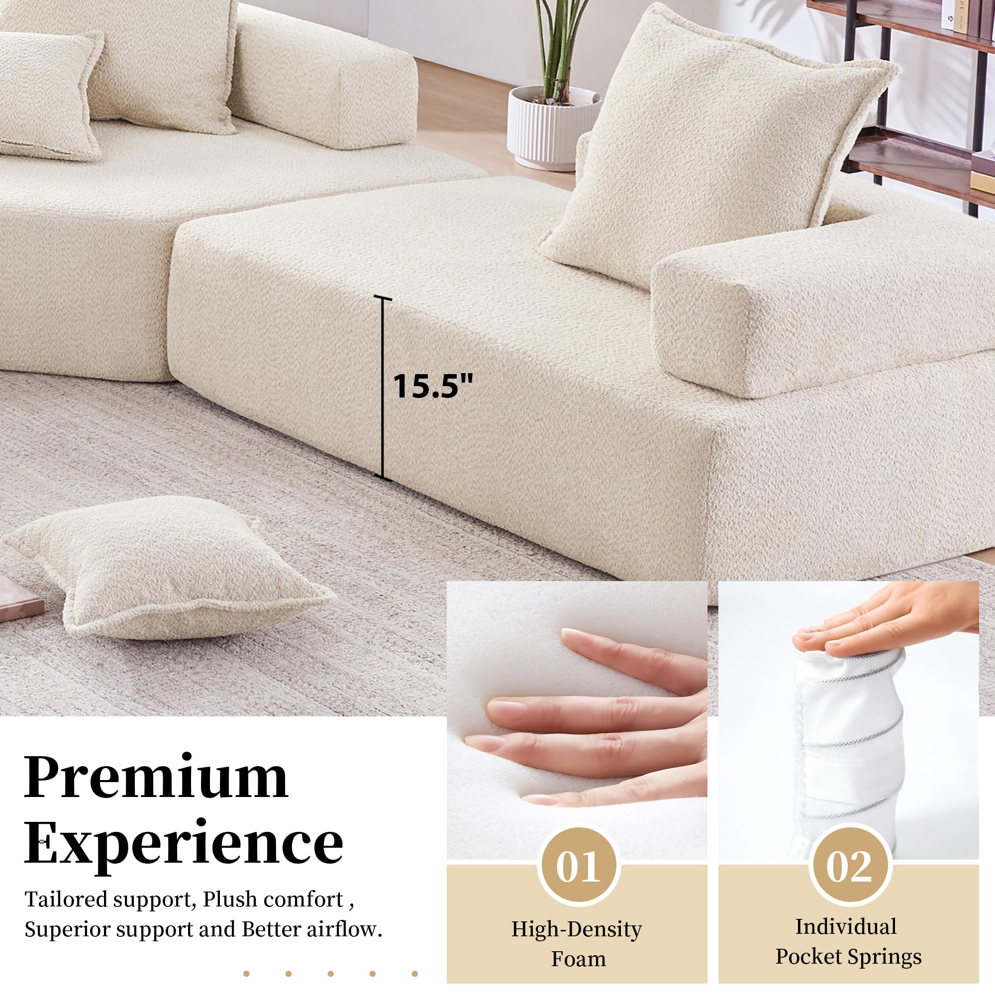 FREESNOOZE Oversized Modular U Shaped Sectional Sofa, Modern Minimalist Boucle Sofa for Living Room, 4PC Free Combination, Beige