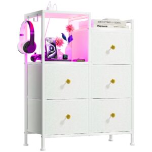 yilqqper dresser for bedroom, dresser with led light and charging station, fabric dressers&chests of drawers with 5 drawers and shelf, storage unit organizer tower, white