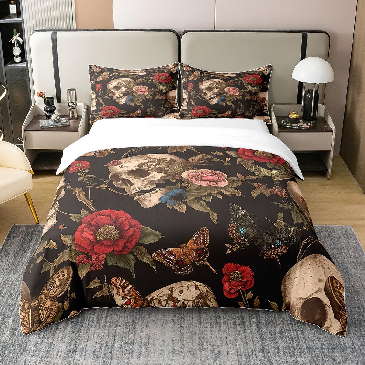 Feelyou Sugar Skull Rose Cotton Duvet Cover Set King Size Death Moth Bedding Set for Boys Girls Gothic Skull Floral Flower Bedding Duvet Cover Set Bedspread Cover,No Stuffing