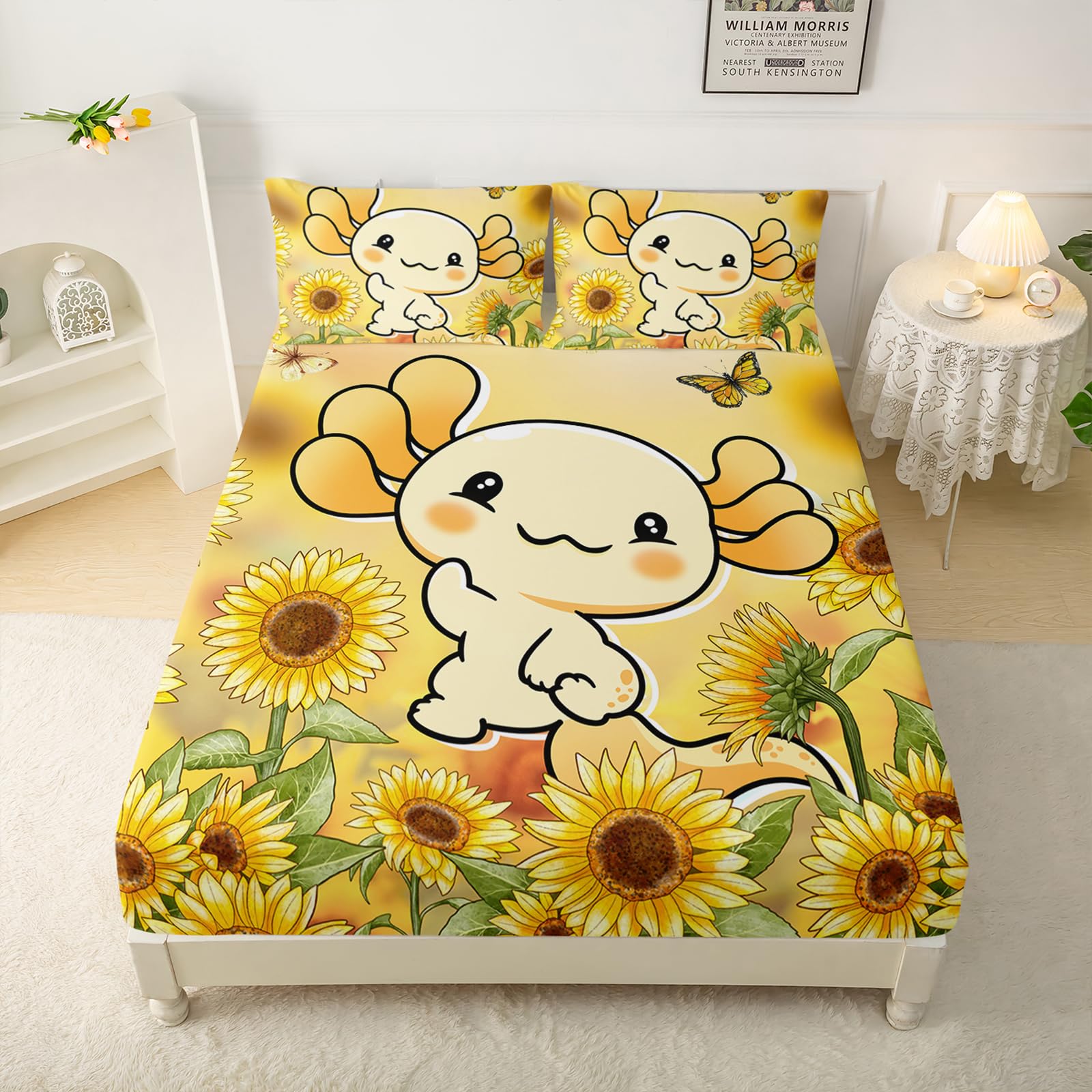 QOOMO Cartoon Axolotl Soft Microfiber Bed Sheets Sunflower Kids Sheets Set Kawaii Animal Super Soft Kids Bedding Set Breathable Room Decoration Queen Size 1 Fitted Sheet, 1 Flat Sheet, 2 Pillow Cases