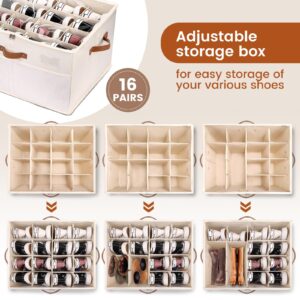 ateboane Shoe Storage Organizer for Closet,Foldable Shoe Storage Bins with Clear Cover,Large Adjustable Shoe Box Storage Containers,Fits 8-16 Pairs,Space-Saving Shoe Cube Organizer, Beige