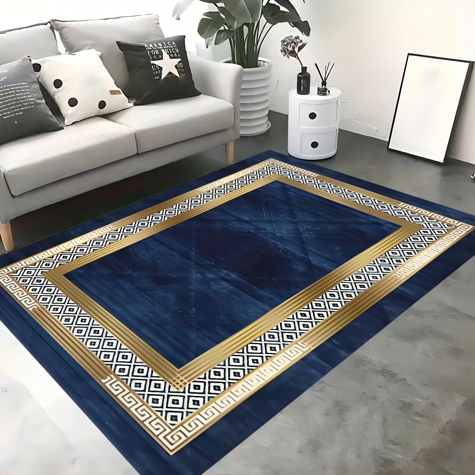 USHIRUG Premium Indoor Area Rug, 3x4ft, Contemporary Simple Geometric and Gold Border Design Navy Blue Rug, Non-Slip Non-Shedding Rug, Comfortable and Casual Living Room Bedroom Soft Rug