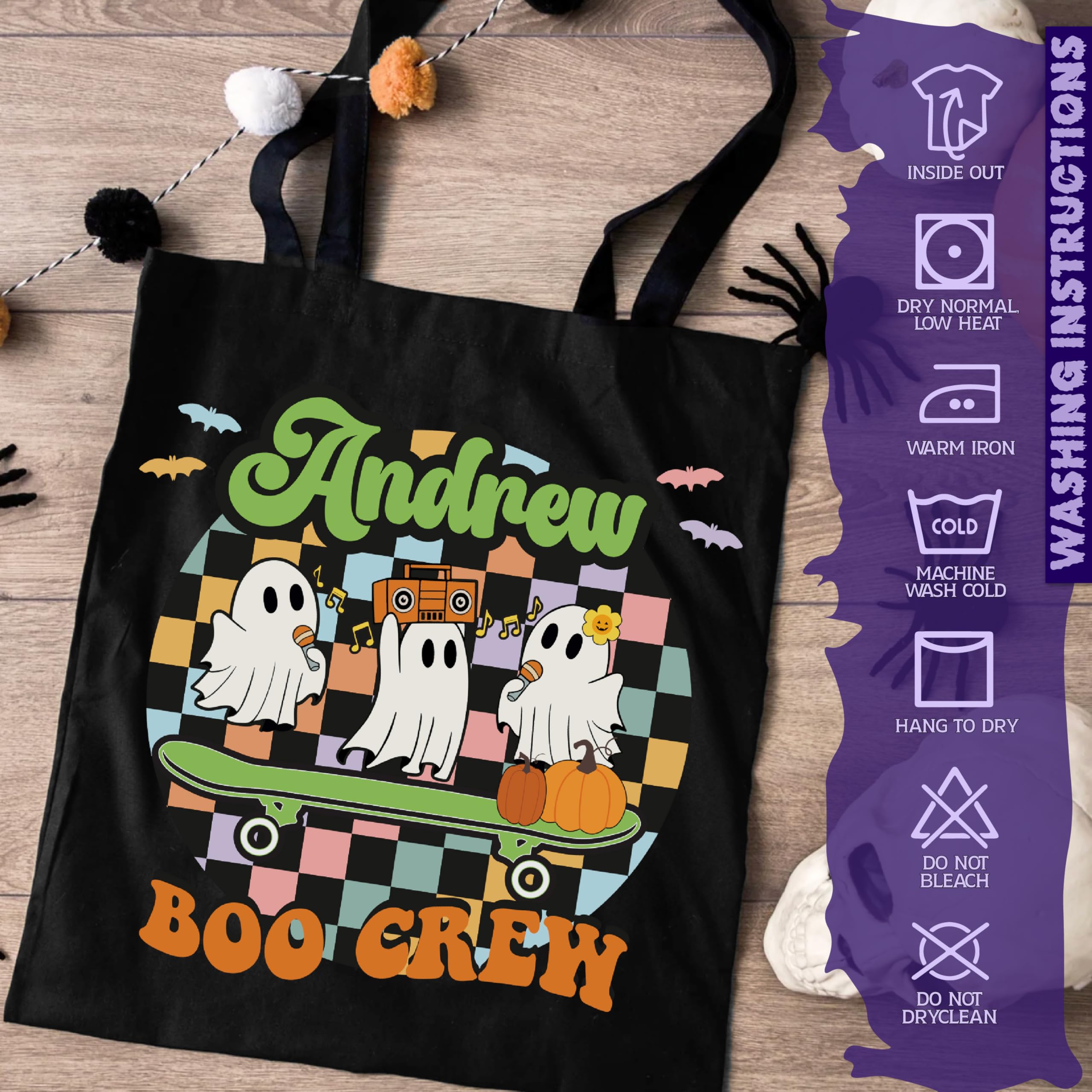 Personalized Halloween Canvas Tote Bags - Custom Name Trick or Treat Candy Totes with Pumpkin, Witch, Black Cat, Castle, Skeleton, Ghost, Reusable 15"X16" Gift Bag