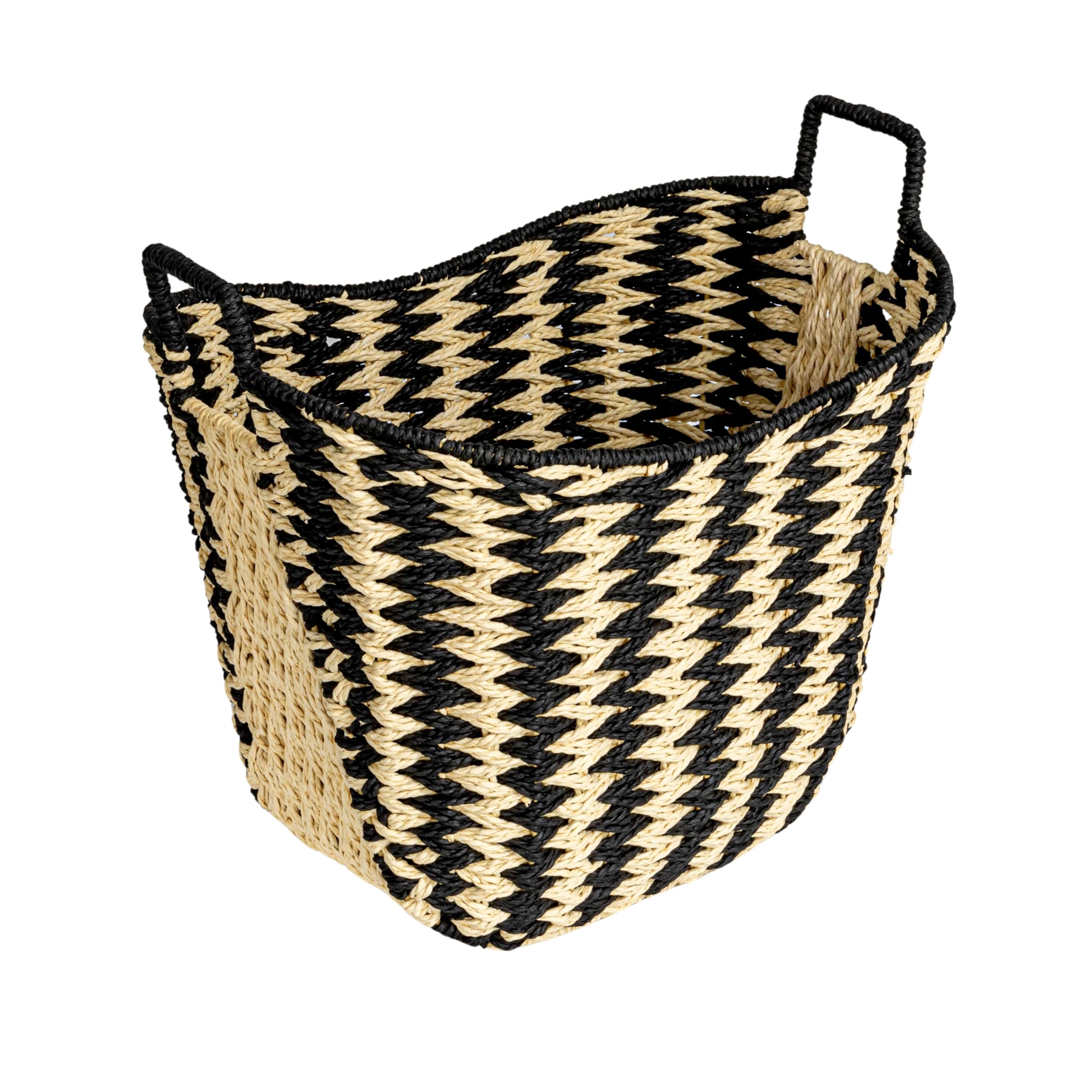 Household Essentials Zigzag Woven Paper Rope Basket, Black and Natural