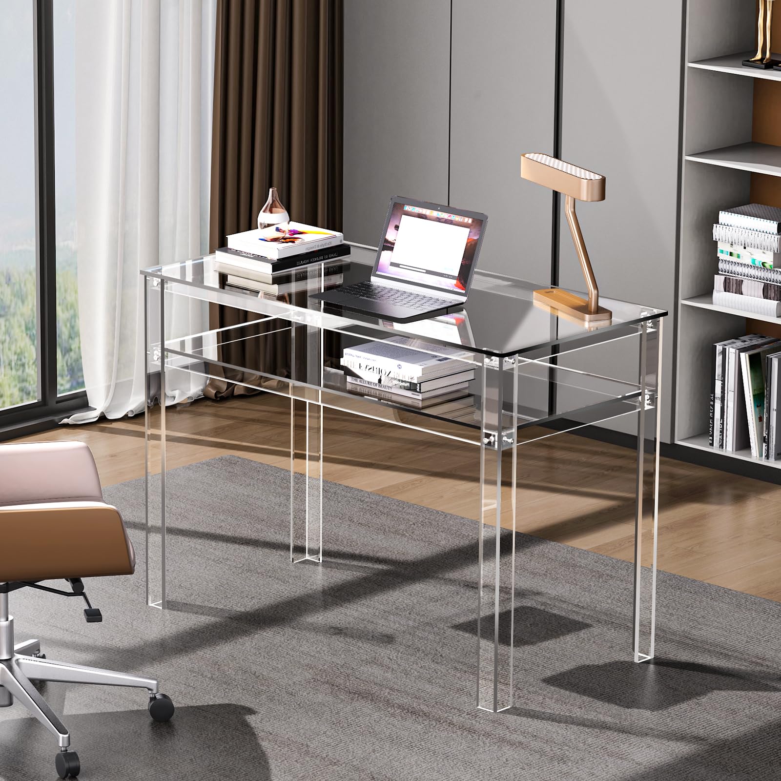 solaround Clear Acrylic Desk with Open Storage, Home Office Computer Writing Desk Office Study Table (Clear, 39.4'' x 19.7'' x 29.5'')