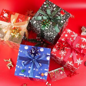 JWSCYSY Assorted Designs Christmas Gift Boxes with Lids, Tissue Papers and Ribbons, Medium Square Gift Boxes - 4 Pcs (8.7 Inch), Gift Wrapping Christmas Holiday New Year Presents Party Favor Boxes.