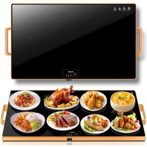 electric warming tray（xxl 32”x18”），food warmer with thermostat and full surface heating，food warming mat with 2 temperature modes for parties buffet，gatherings，gold edge handles warming mat for food