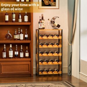 LUMAMU 20 Bottle Wine Rack Freestanding Floor with Wood Top,Wobble-Free 5 Tier Wine Display Storage Stand Shelf,Stackable Modular Wine Bottle Holder Rack for Kitchen,Cellar,Living Room