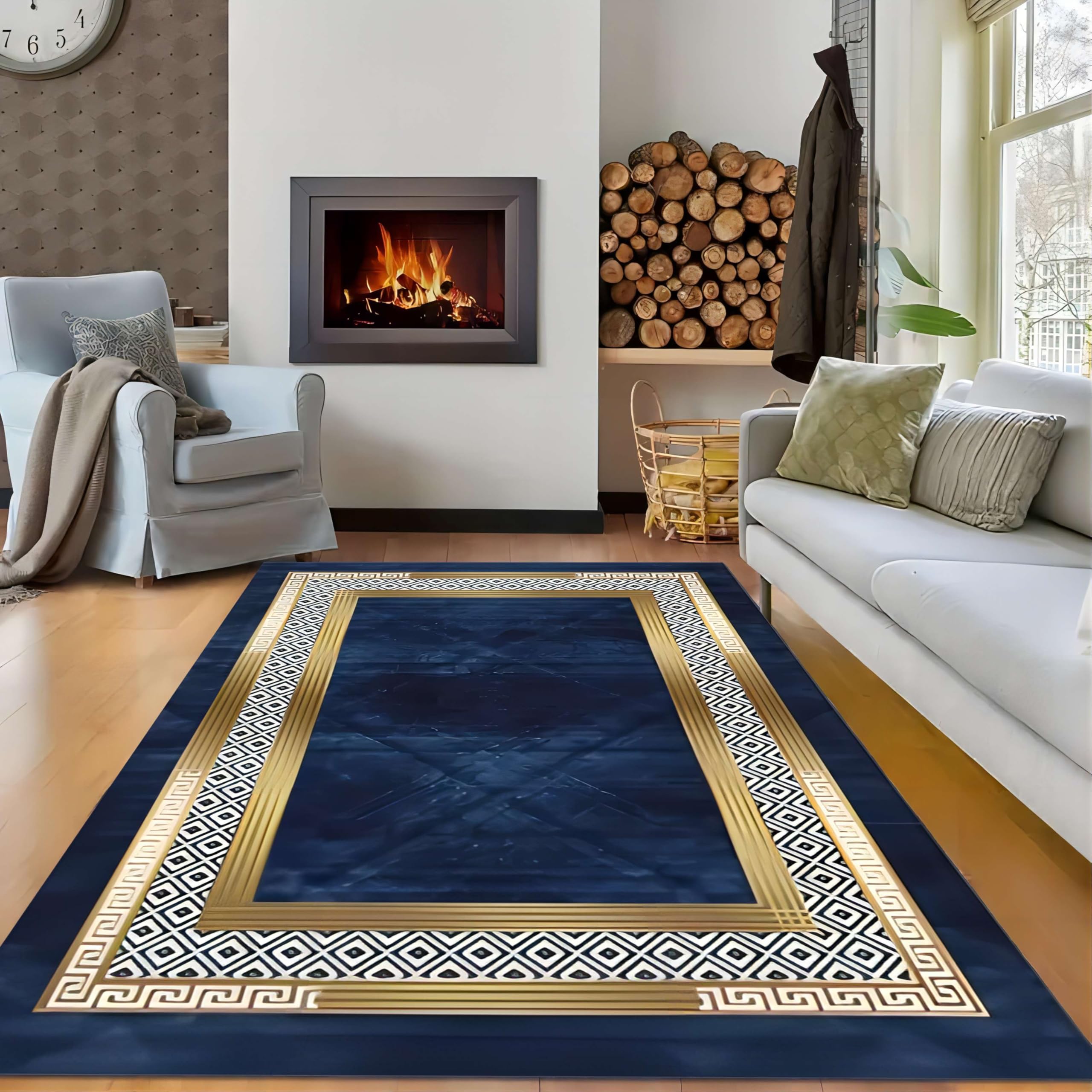 USHIRUG Premium Indoor Area Rug, 3x4ft, Contemporary Simple Geometric and Gold Border Design Navy Blue Rug, Non-Slip Non-Shedding Rug, Comfortable and Casual Living Room Bedroom Soft Rug