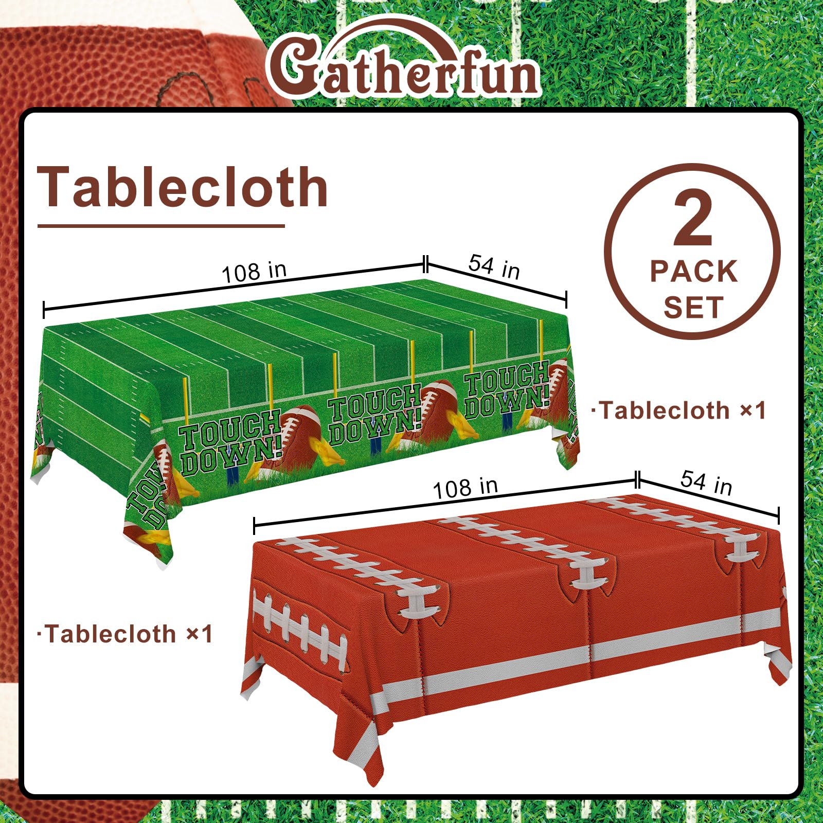 Gatherfun 2-Pack Football Party Decorations – Touchdown Tablecloth Set, 54x108 Disposable Plastic Covers for Game Party, Birthday Party & Football-Themed Favors