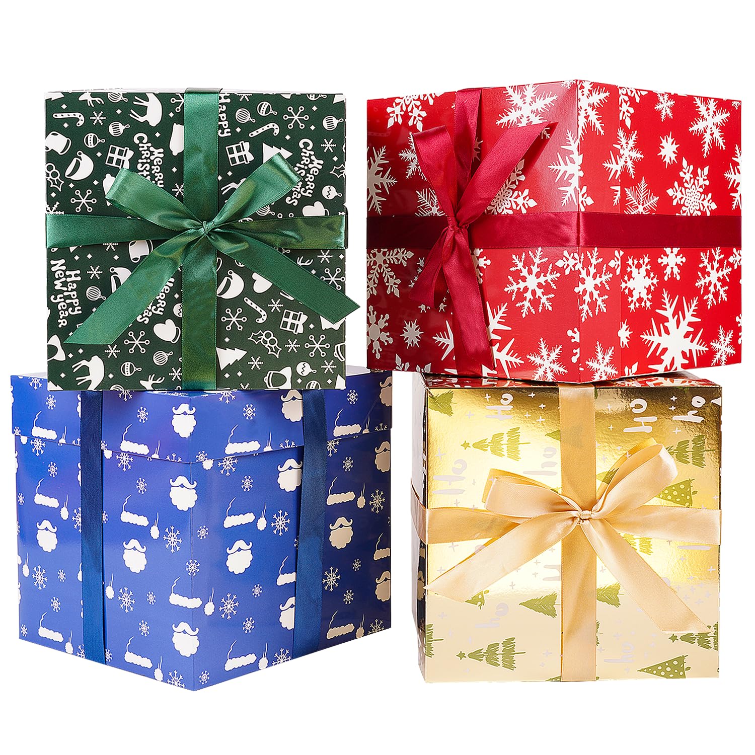 JWSCYSY Assorted Designs Christmas Gift Boxes with Lids, Tissue Papers and Ribbons, Medium Square Gift Boxes - 4 Pcs (8.7 Inch), Gift Wrapping Christmas Holiday New Year Presents Party Favor Boxes.