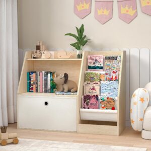 toetol kids bookshelf & book storage，4 sling wooden toddler book shelf，2-tier wooden open bookcase & storage organizer boxes for nursery, playroom, bedroom